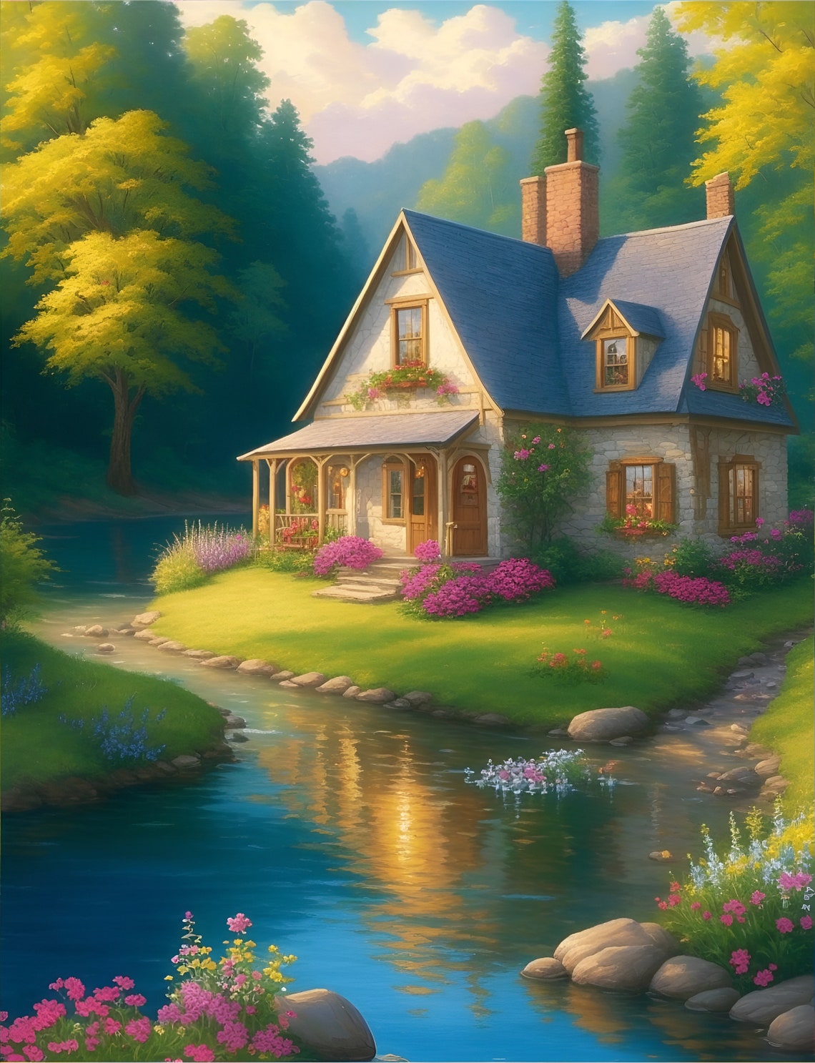 Quaint Stream Cottage Digital Painting, Forest, Camping, Hiking, River ...