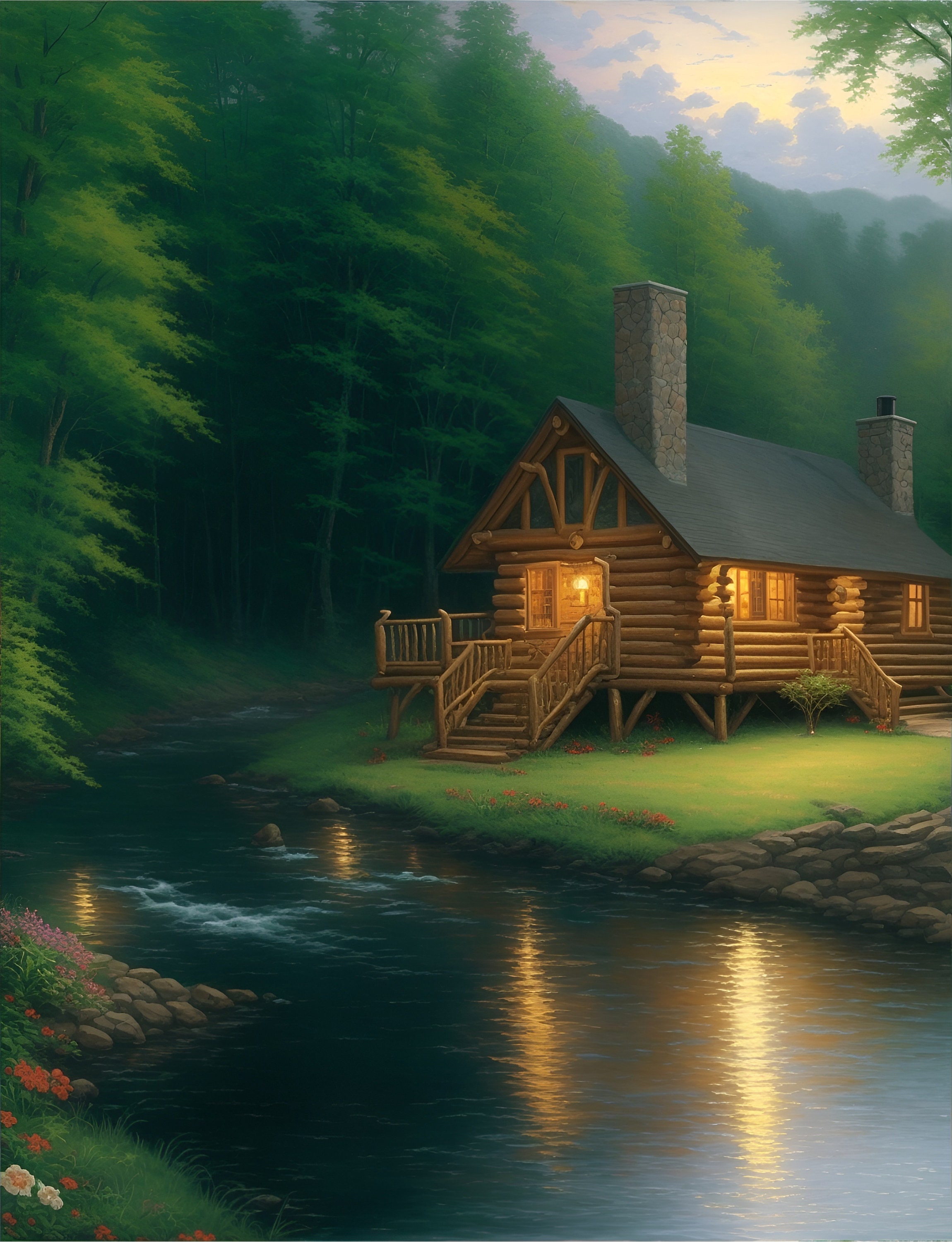 Thomas Kinkade Log Cabin Painting