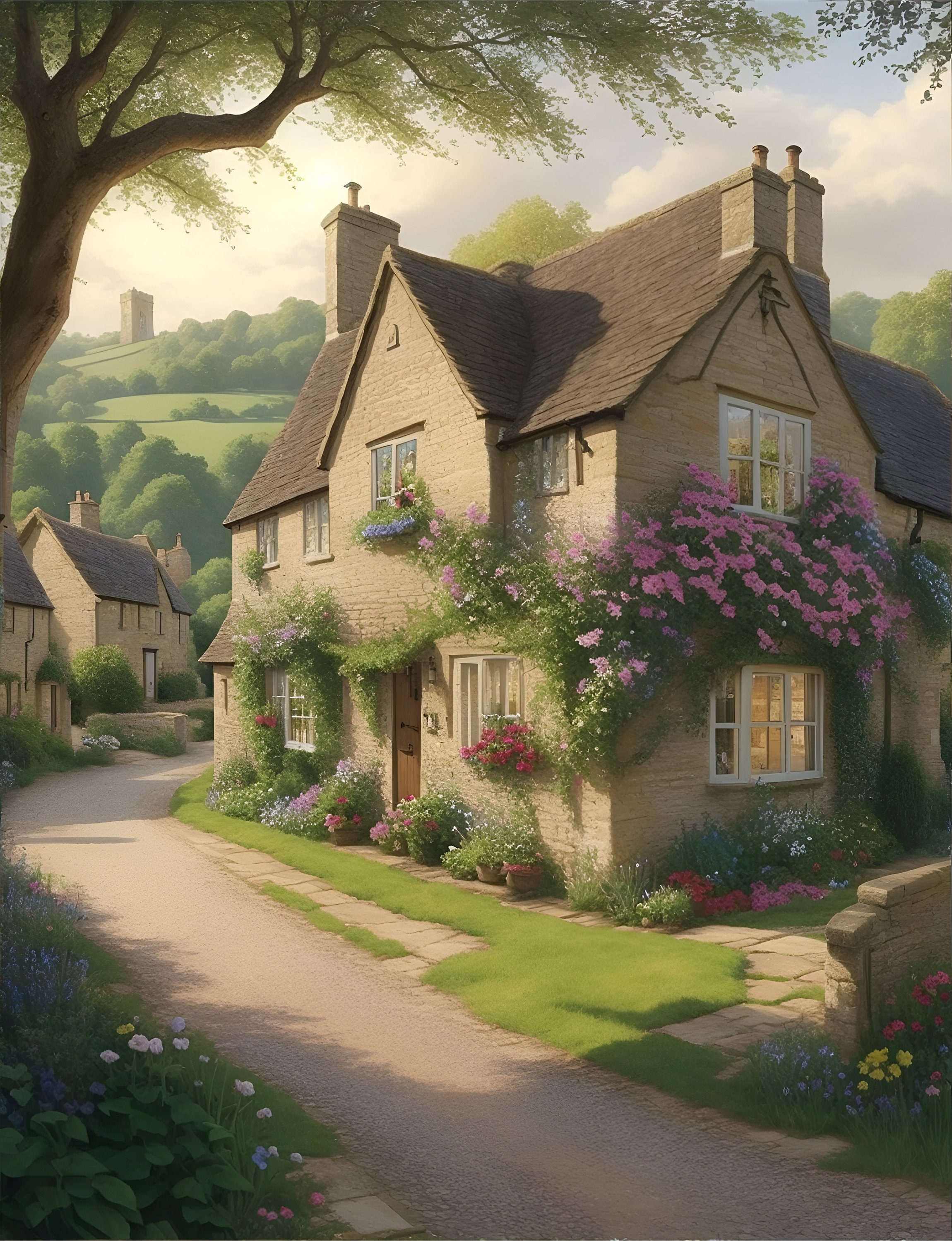 English Countryside Village, Cotswold Digital Painting, English Castle ...