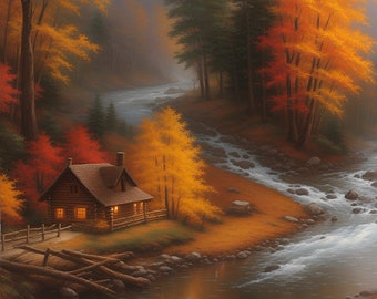 Cozy Log Cabin Digital Painting, Mountain Forest, Digital Art ...