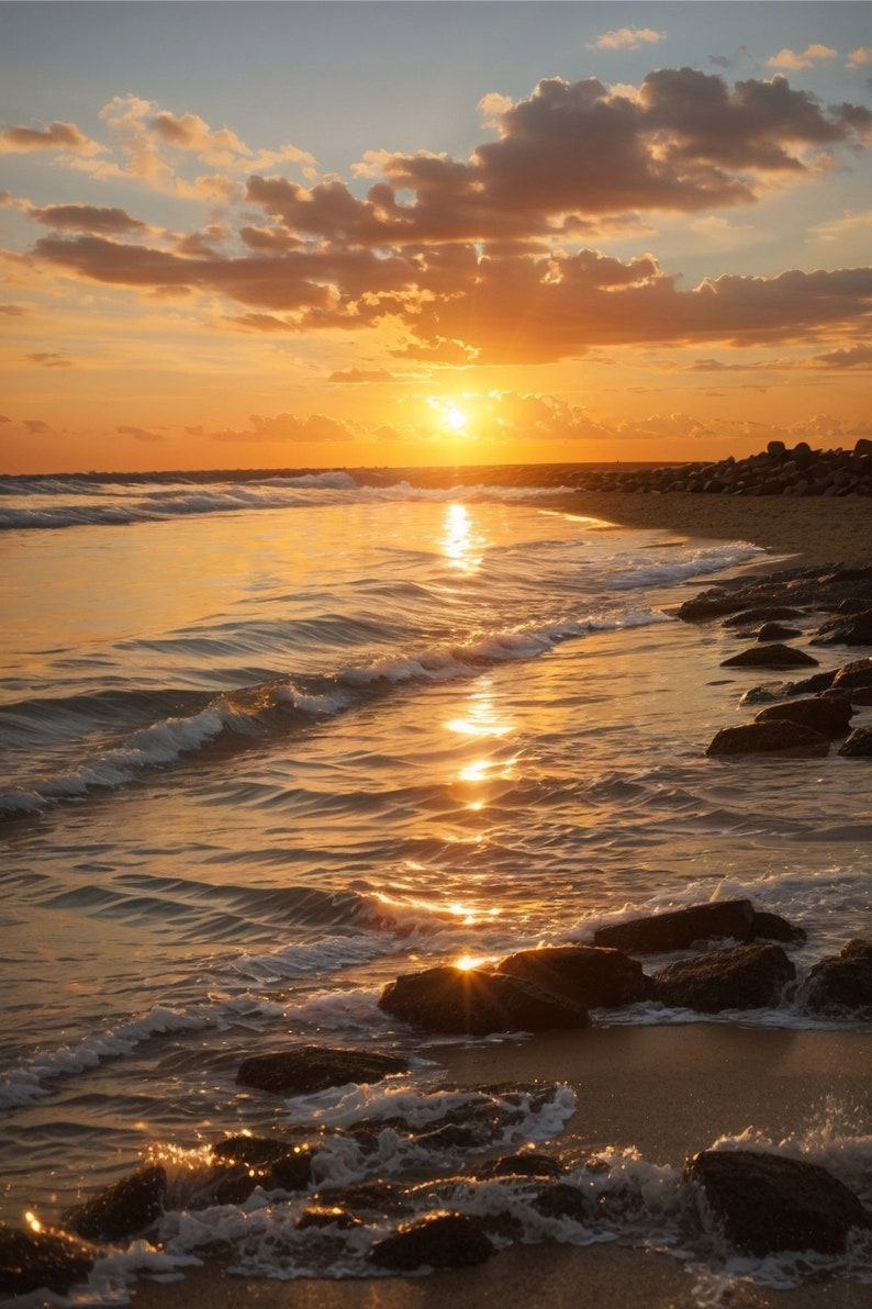 Sunset on the Beach Digital Art, Beach Sunset, Sun Reflecting off the ...