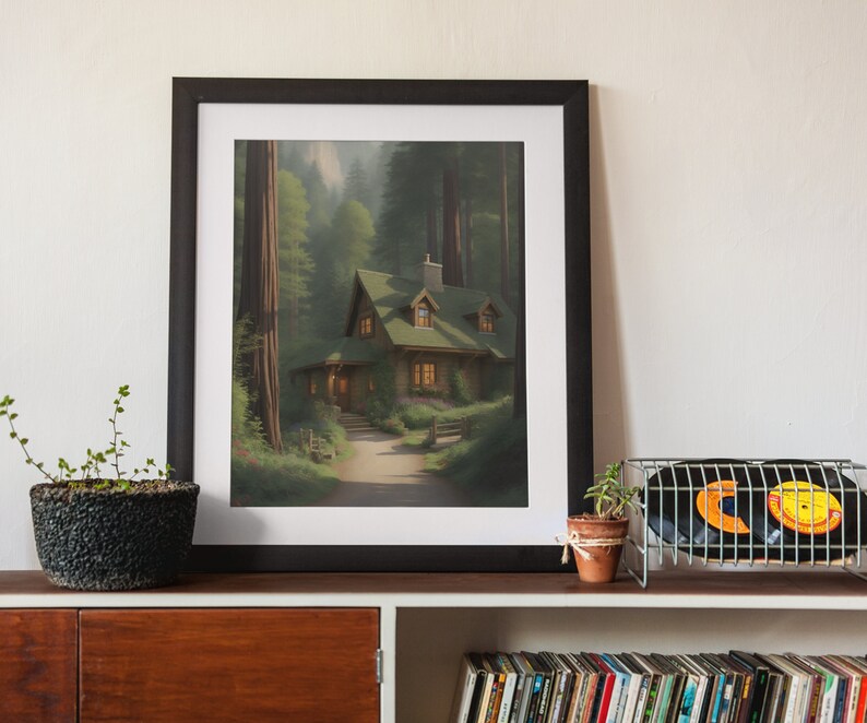Cabin in the Redwoods Digital Painting, Mountain Forest, Digital Art ...