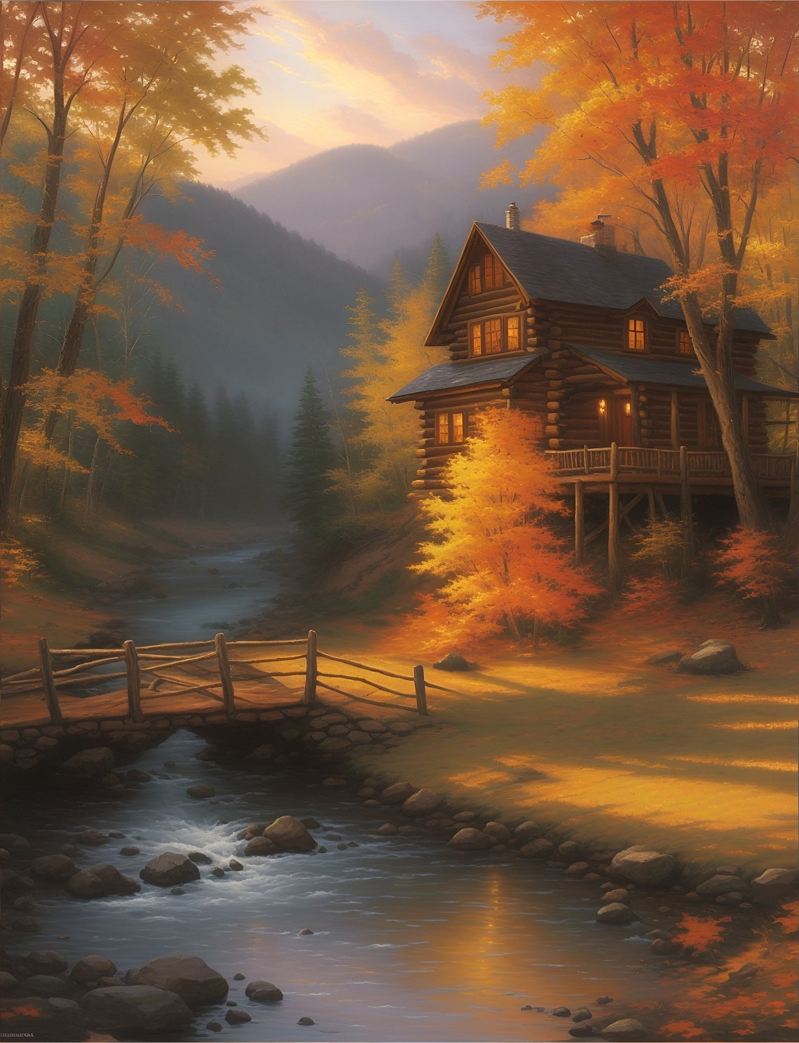 Autumn in the Mountains, Log Cabin, Digital Painting, Printable Art ...