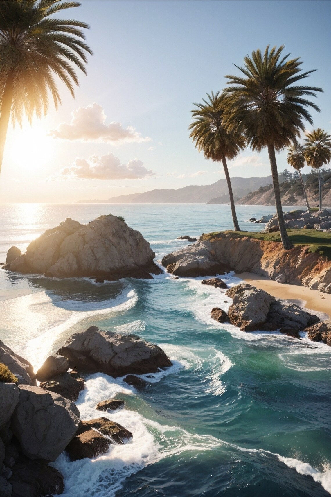 Cali Coast Digital Art, California Beach, Palm Trees, Sun Reflecting ...