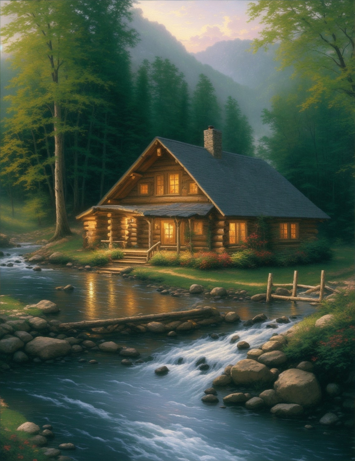 Cozy Log Cabin Digital Painting, Mountain Forest, Digital Art ...