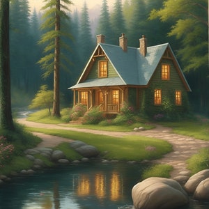 Cozy Forest Cabin Digital Painting, Mtn Stream, Camping, Hiking, River ...