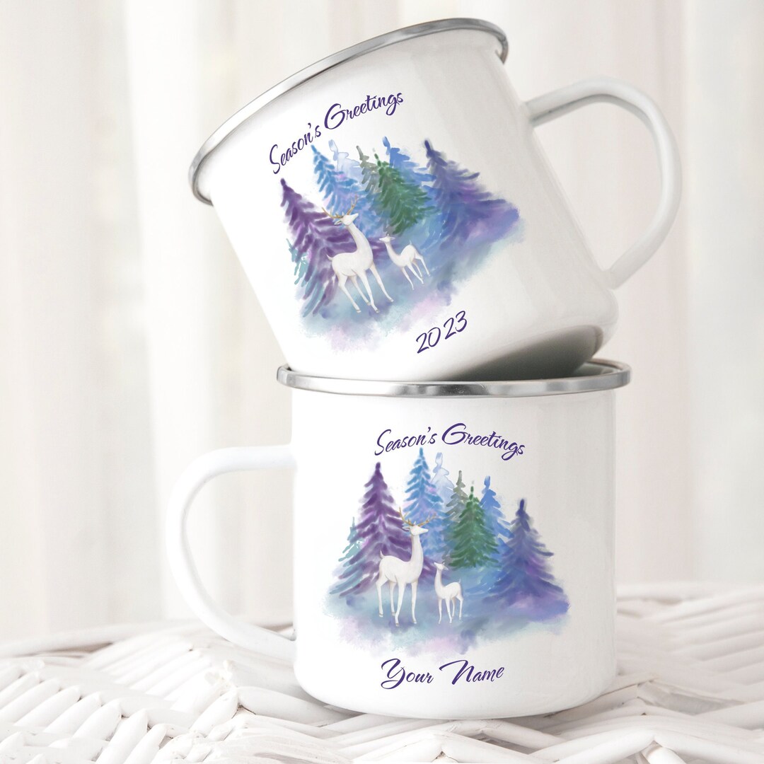 Personalized Season's Greetings Enamel Mug, Custom Name Christmas ...