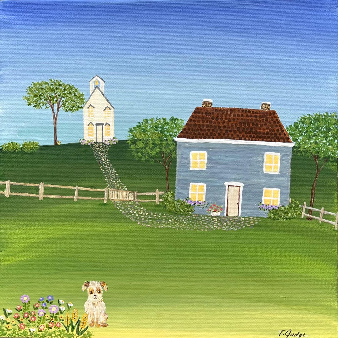 Folk Art Painting: Puppy, Church & Parsonage - Etsy