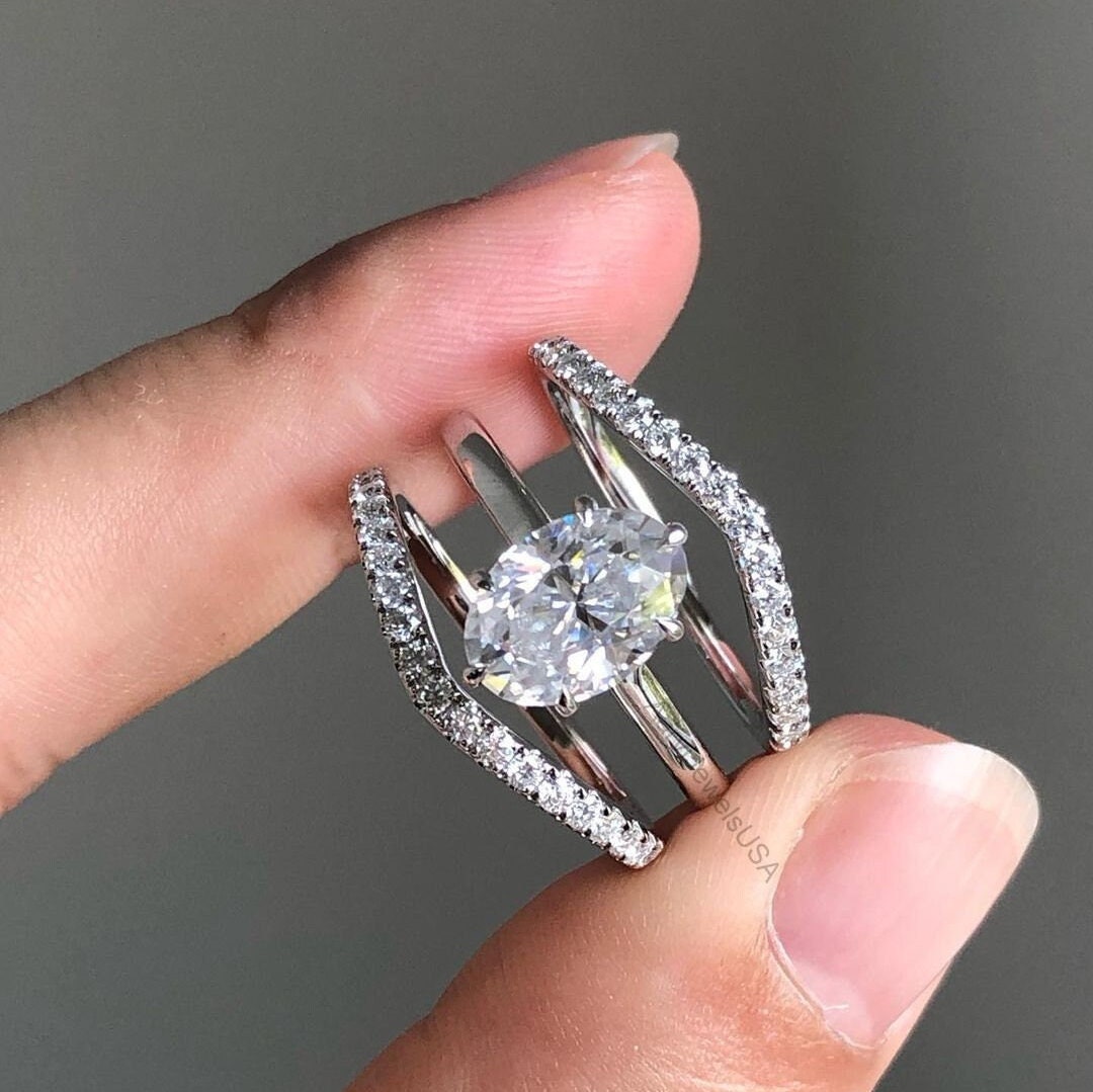 Oval Diamond Trio Ring Set Hidden Halo Ring Perfect Gift for - Etsy