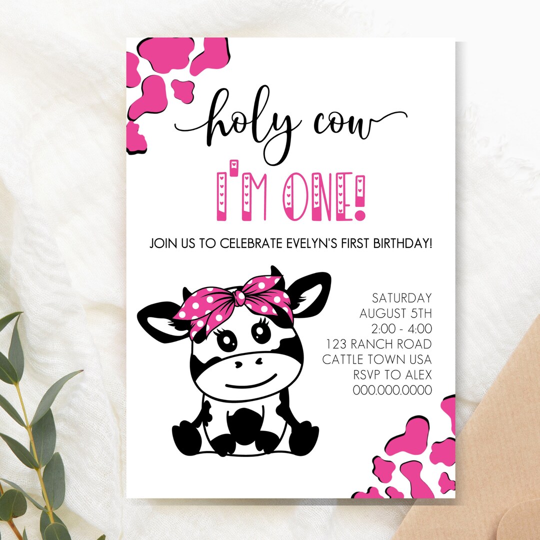 Holy Cow Birthday Invitation Pink First Birthday Invitation Download ...