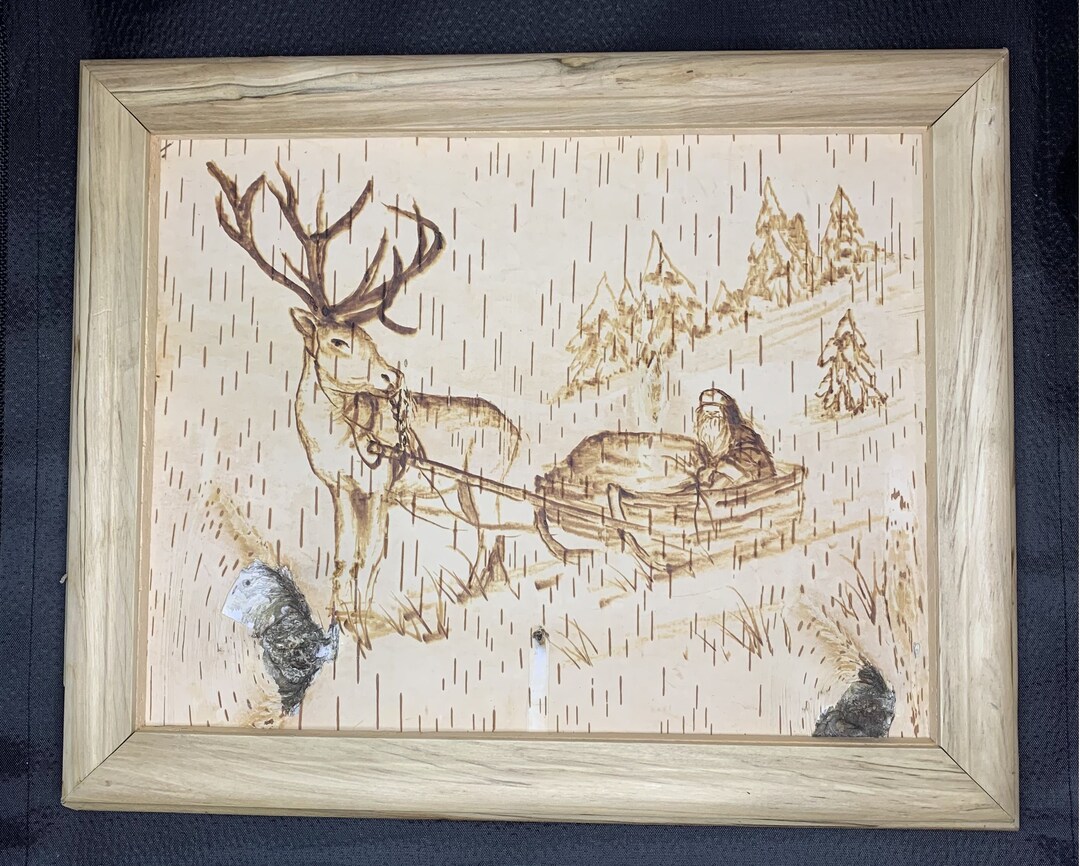 Birch Bark Wood Burning (pyrography) - the Reindeer With Santa Claus ...