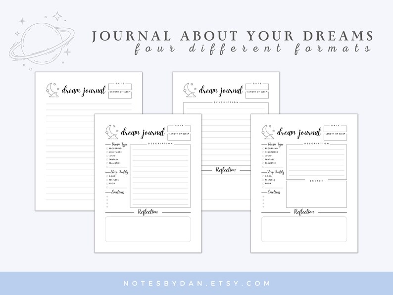 Printable Dream Journal Template, Dream Analysis and Sleep Tracker PDF ...