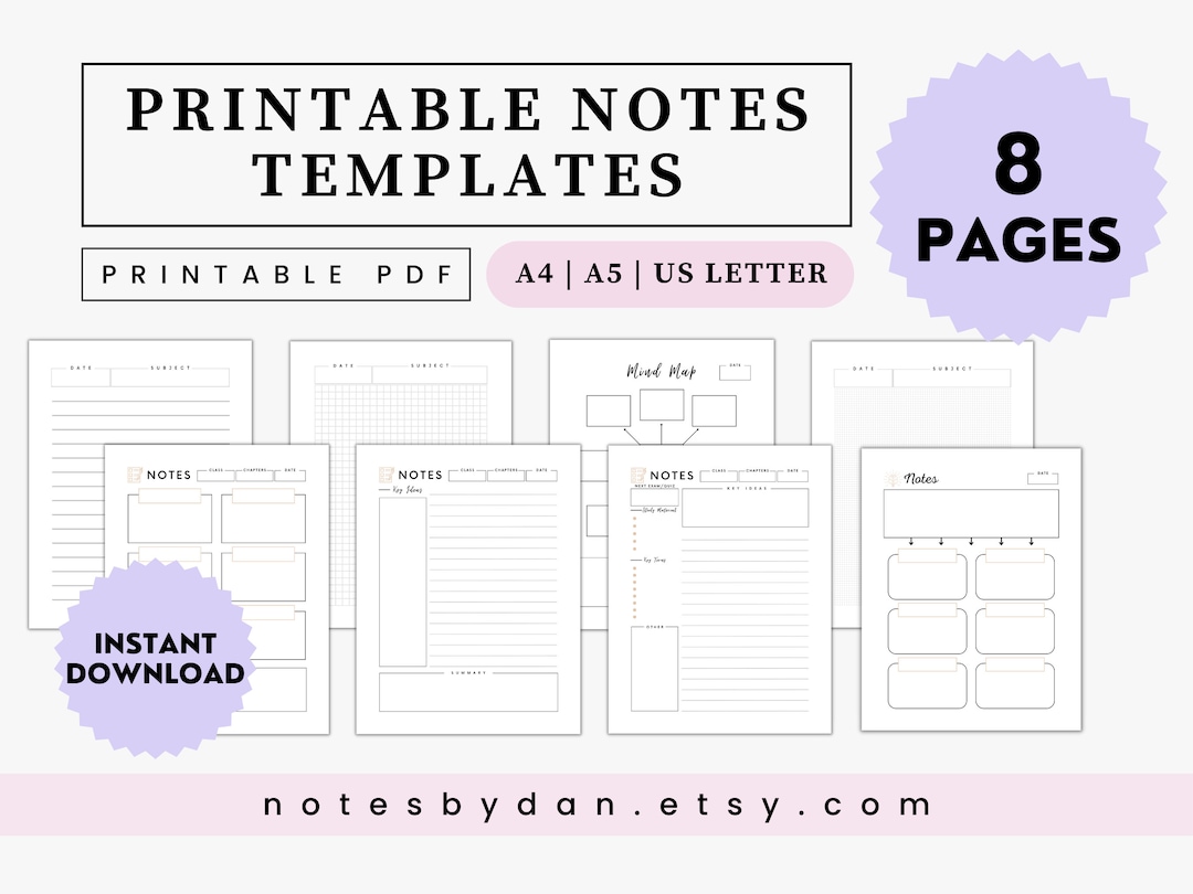 Printable Notes Templates, Student Study Planner Tools - Etsy