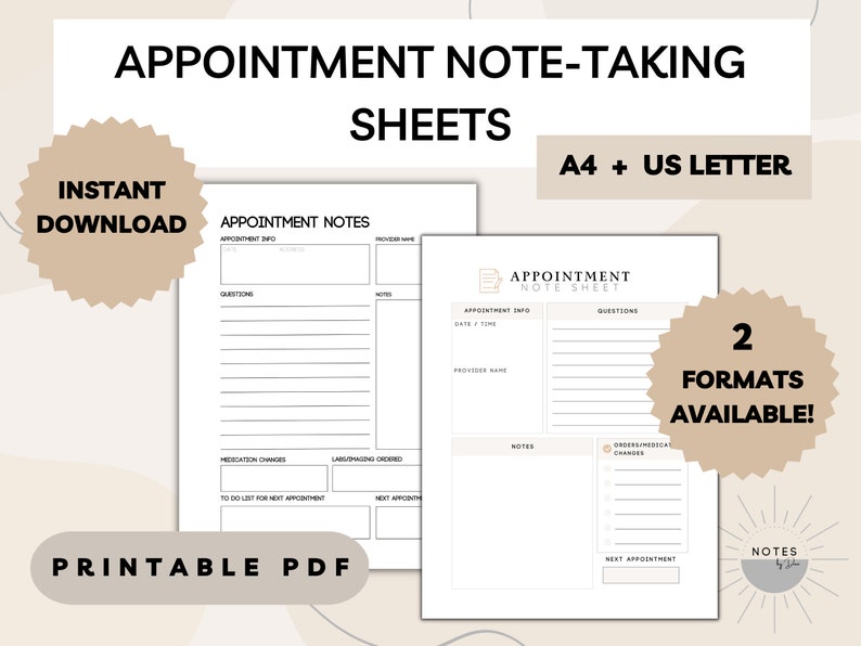 Medical Appointment Notes Sheet: Printable Doctor Visit Planner (PDF ...