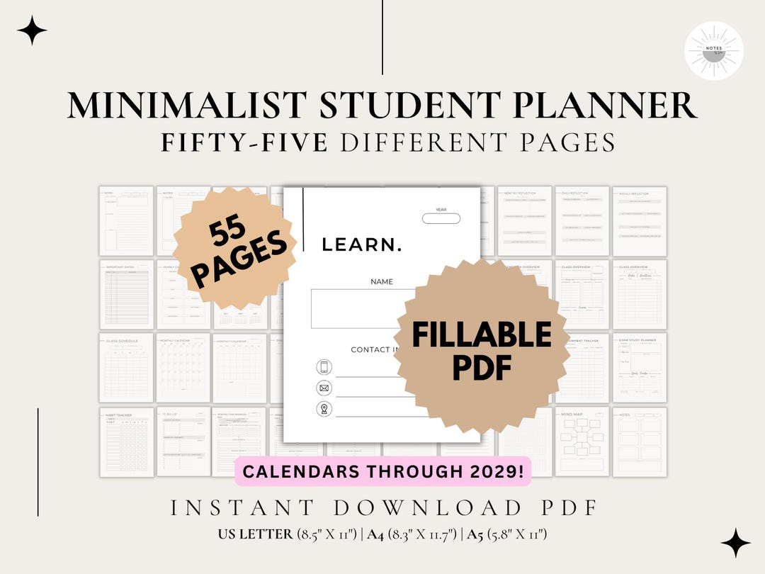 Minimalist Student Planner Bundle: Fillable PDF Study Templates (53 ...