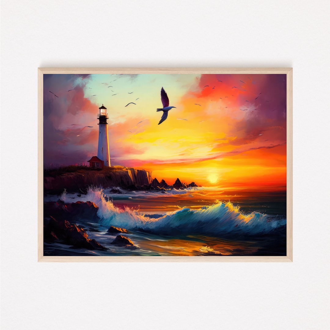 Lighthouse Sunset Beachscape Art Print (digital Download) - Etsy