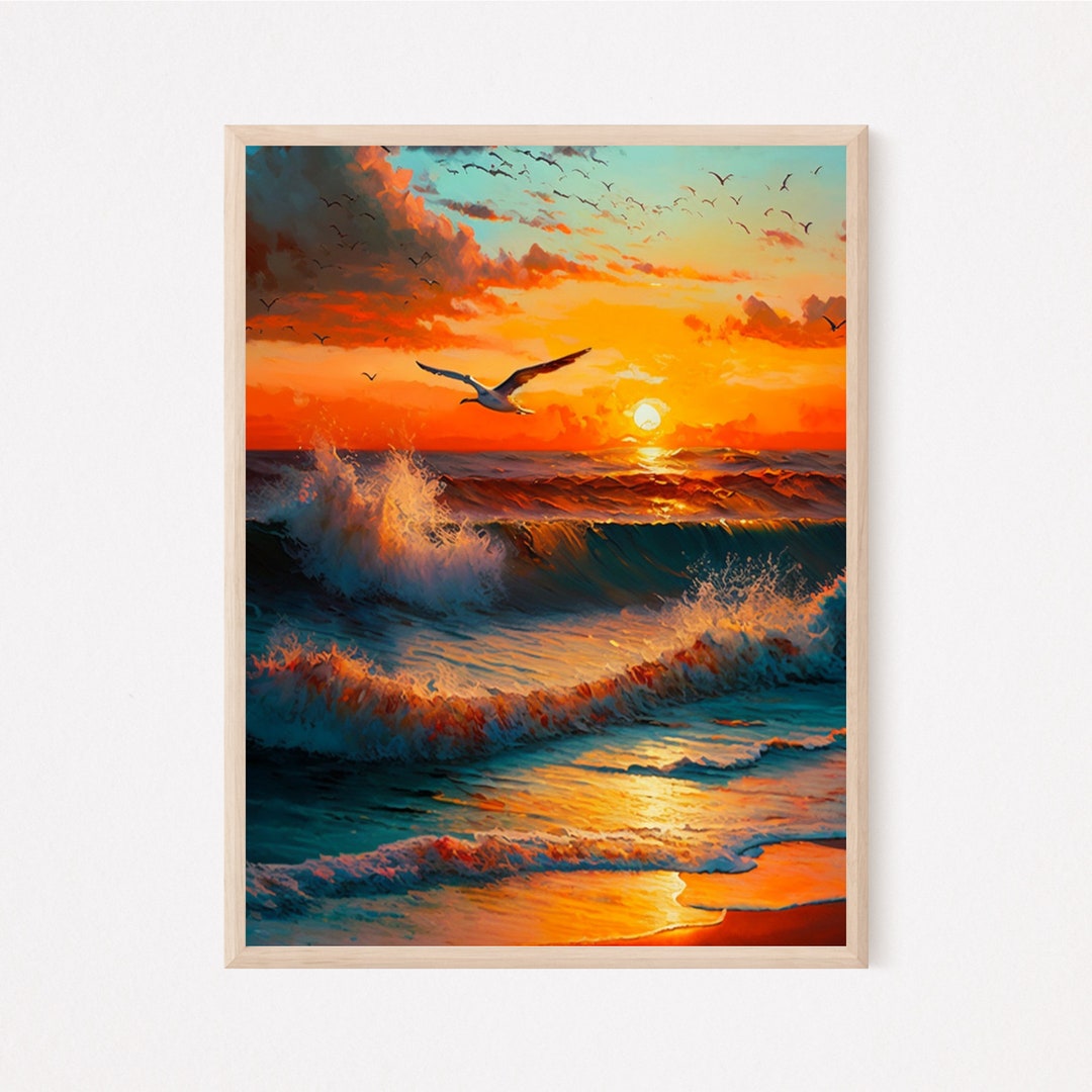 Sunset Beachscape Art Print: Ocean Waves, Birds (digital Download) - Etsy