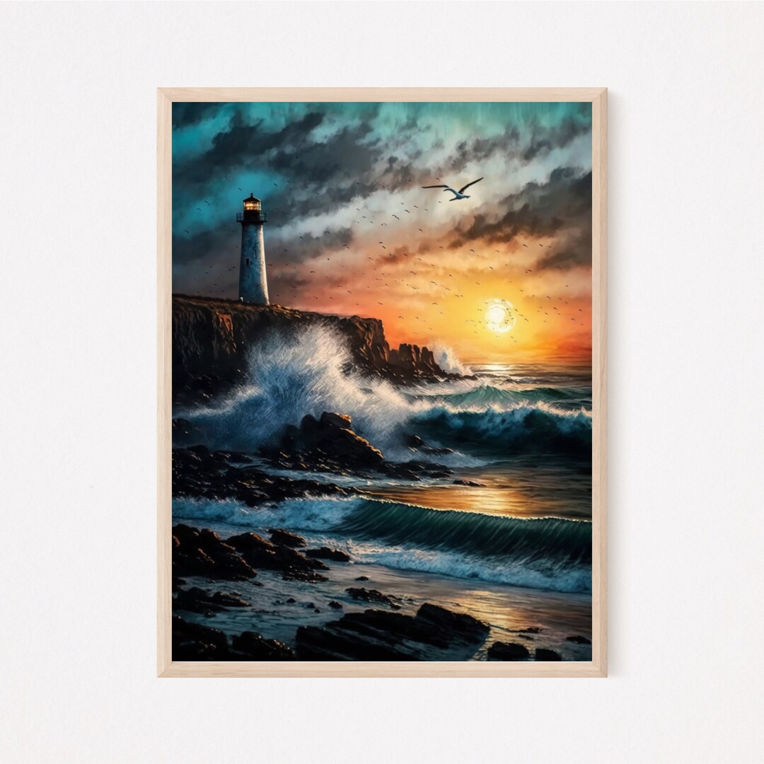 Lighthouse Beachscape Art Print: Ocean Sunset Waves (digital Download ...
