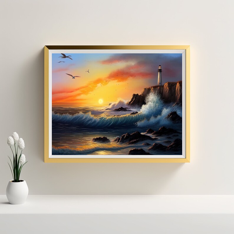 Printable Wall Art, Lighthouse Beachscape, Beach, Birds, Ocean, Sunset ...