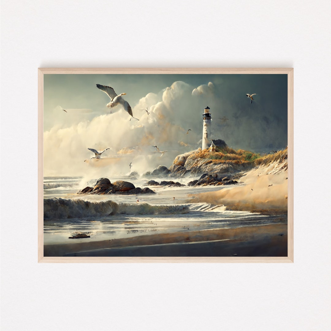 Printable Wall Art, Lighthouse Beachscape, Beach, Birds, Ocean, Waves ...
