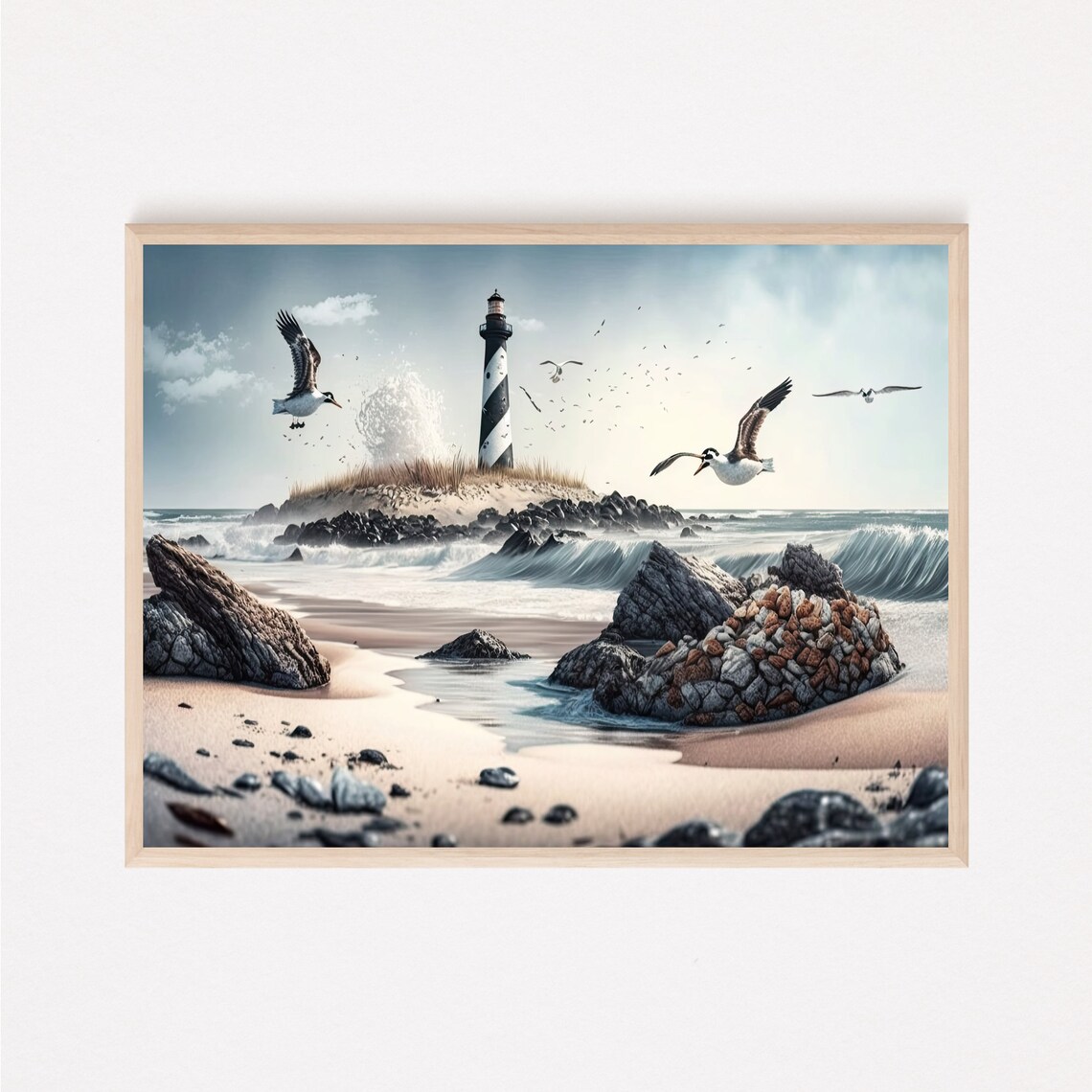 Printable Wall Art, Beachscape, Beach, Birds, Ocean, Waves, Rocks, Hi ...