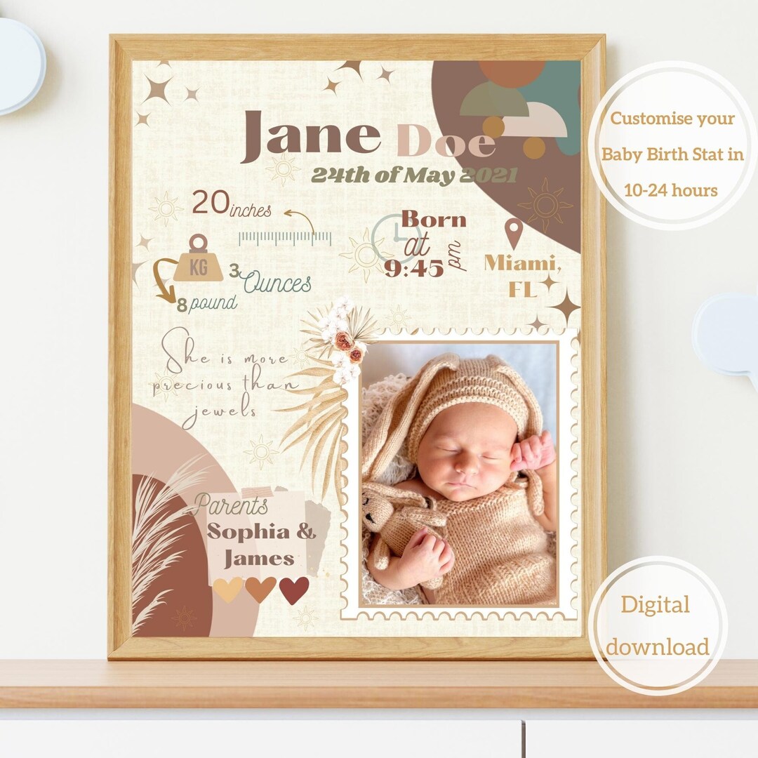 Custom Boho Nursery Wall Art Prints,personalised Baby Birth Stat,nursey ...