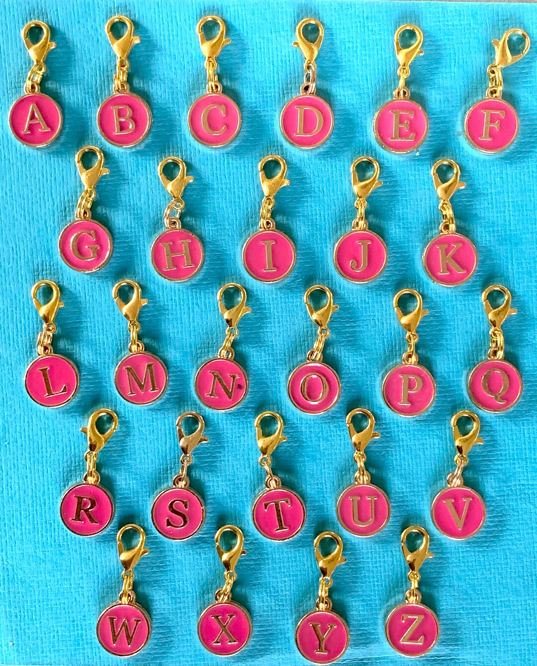ALPHABET INITIALS Pink Enameled Clip On, Dangling Charm Lobster Clasp ...