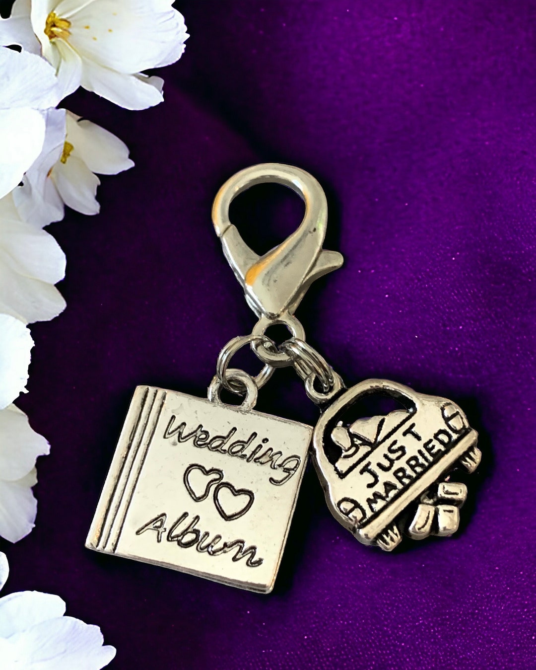 JUST MARRIED Wedding, Newlyweds Double Clip-on Charm With Lobster Clasp ...