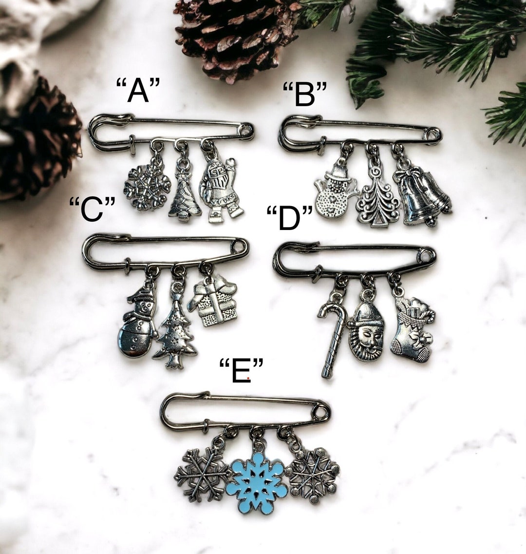 BROOCH Safety Pin With Winter Holiday Hangling, Dangling Silver Charms ...