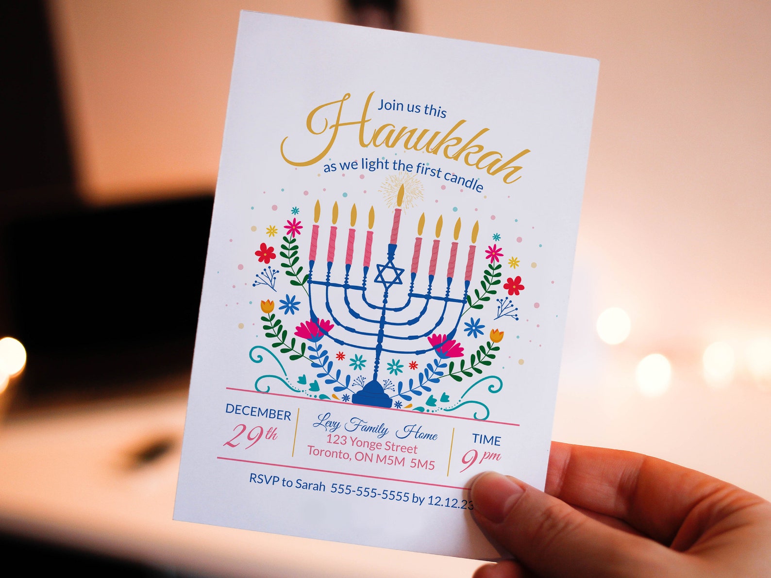 Hanukkah Invitation Template, Vibrant Color Scheme, Hand Sketched ...