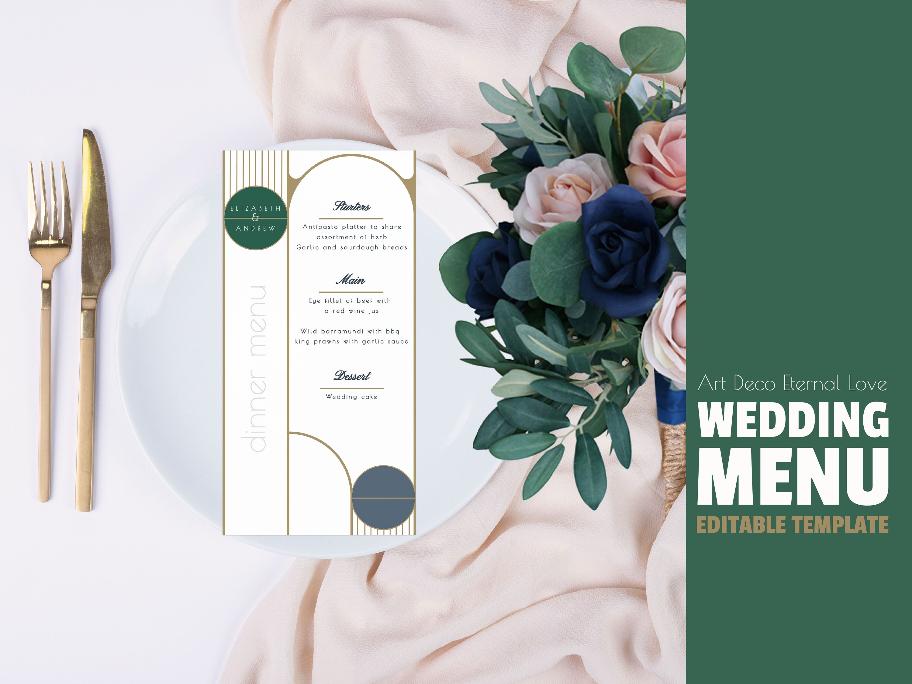 Dinner Menu Template, Wedding Drink Menu Printable, Art Deco, Editable ...