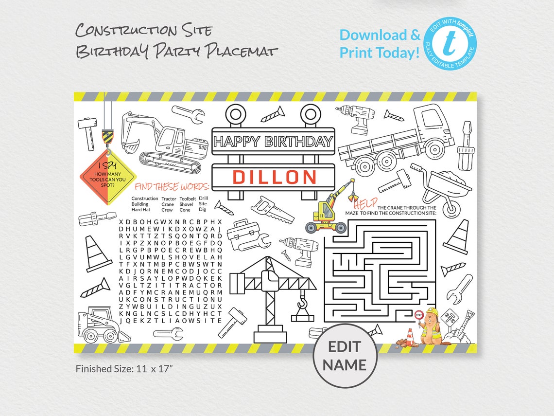 Construction Theme Birthday Coloring Placemat for Kids, Personalized ...