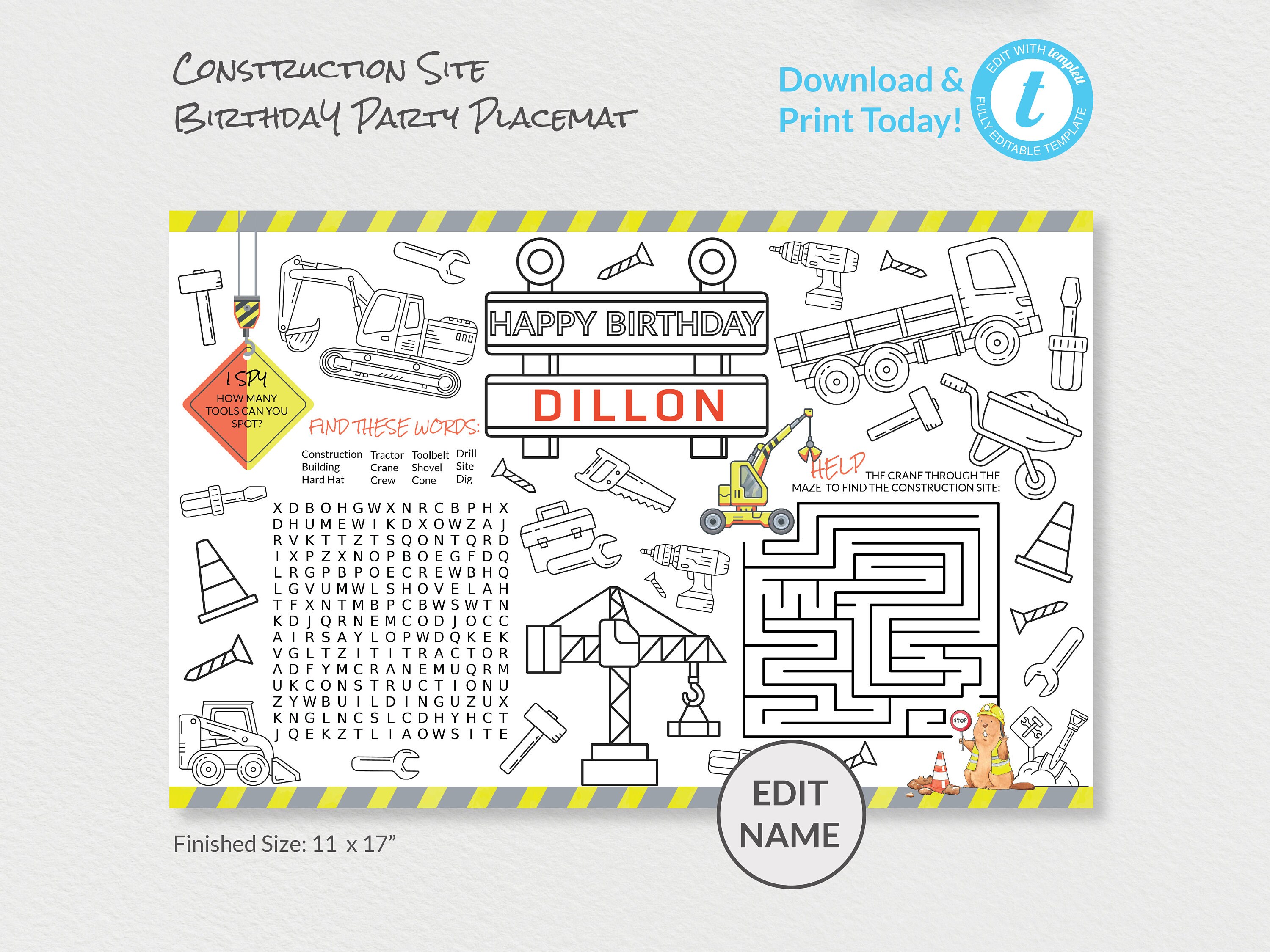 Construction Theme Birthday Coloring Placemat for Kids, Personalized ...