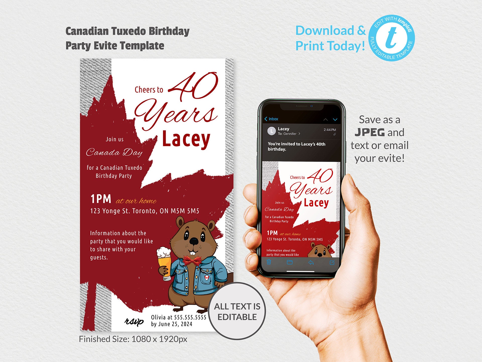 Editable Canada Day Invitation Template, Cheers to 40 Years, Birthday ...