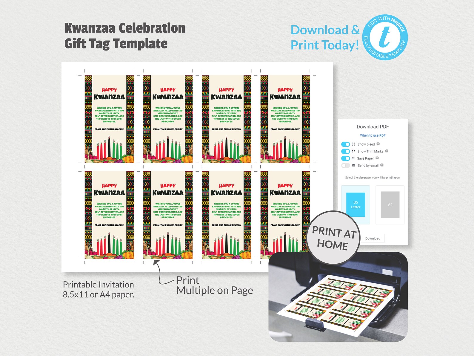 Kwanzaa Celebration Editable Gift Tag Template, Kinara, African Pattern ...