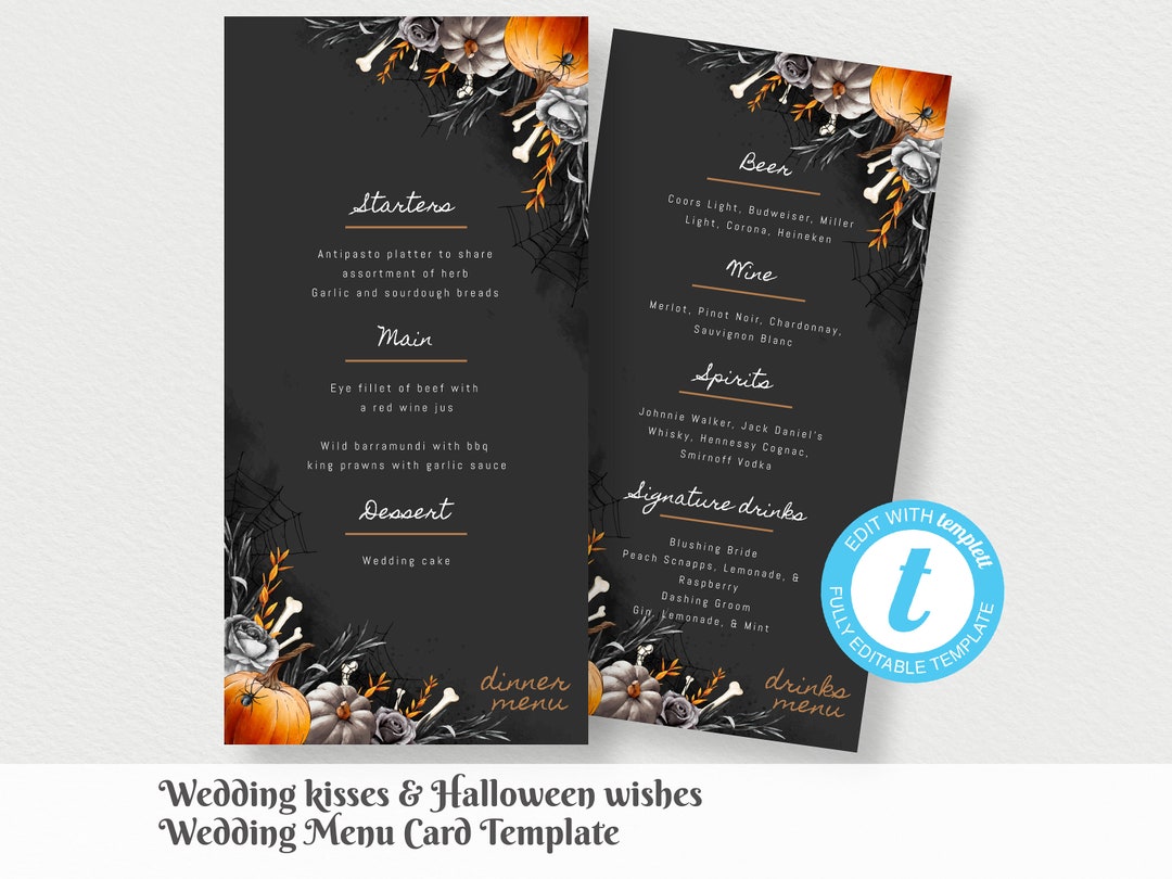 Gothic Halloween Wedding Menu Template: Pumpkin Floral Design - Etsy