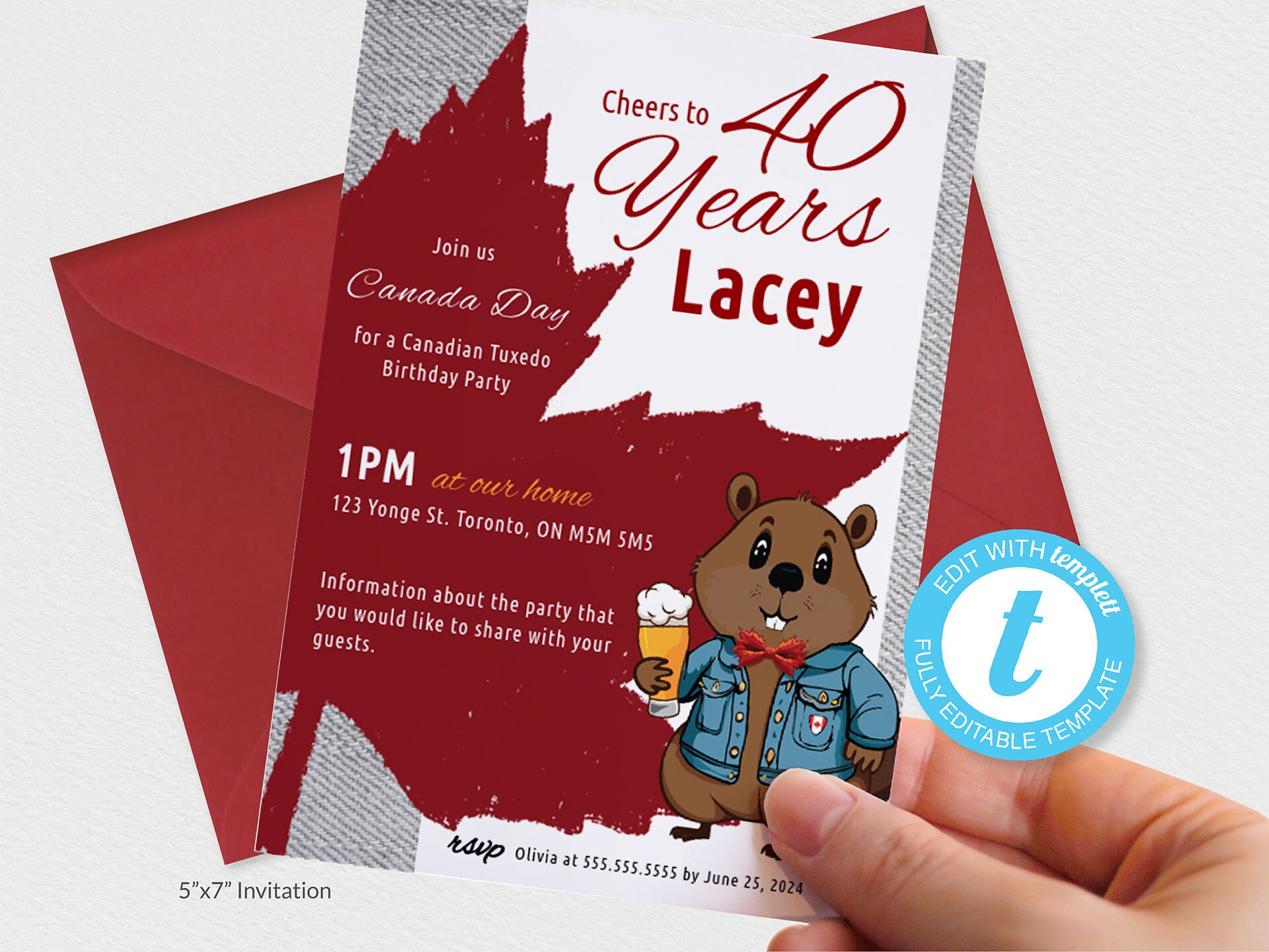 Editable Canada Day Invitation Template, Cheers to 40 Years, Birthday ...