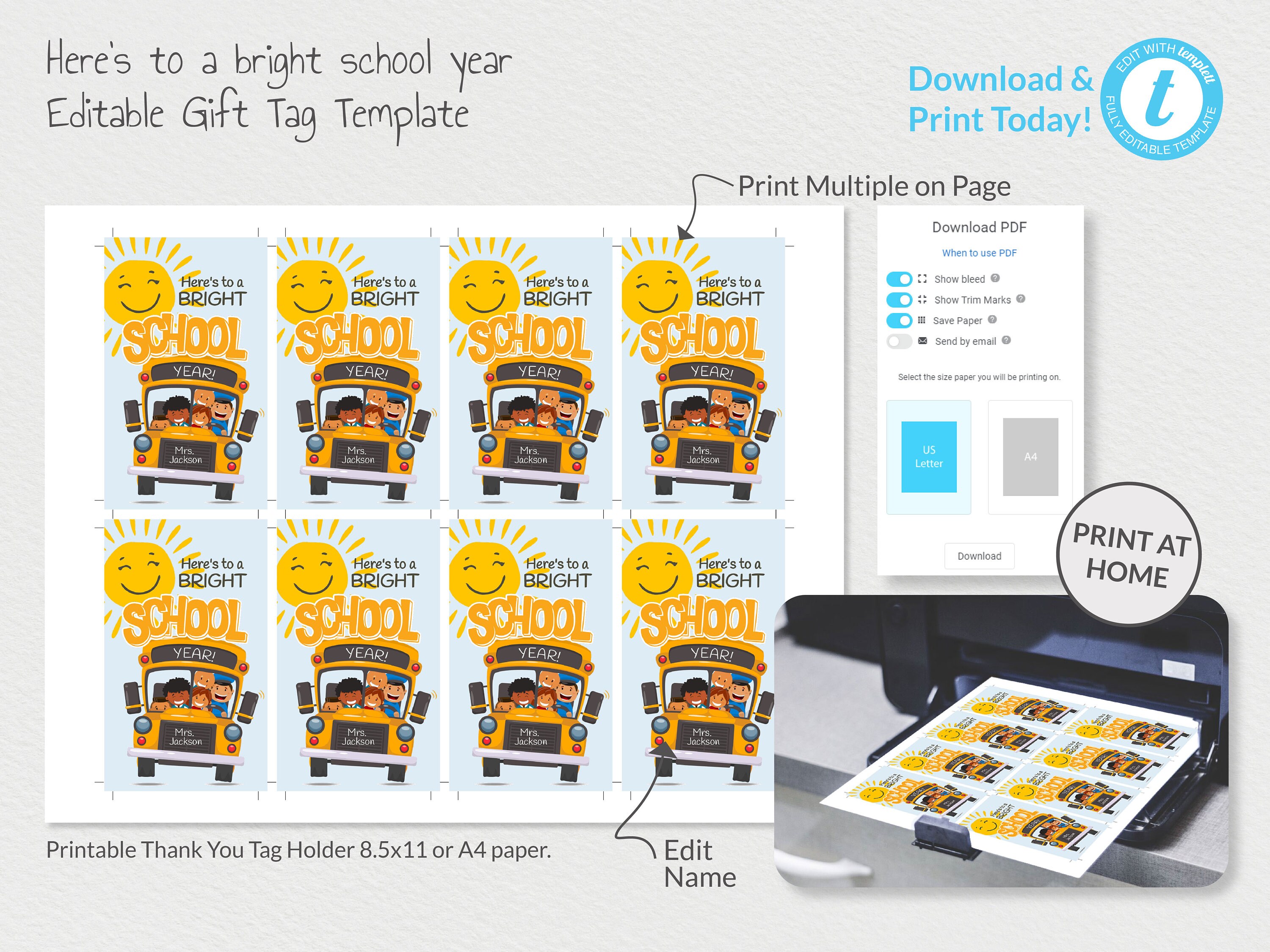 Teacher Printable Gift Tag, Welcome Student Classroom Gift Tag, Bright ...