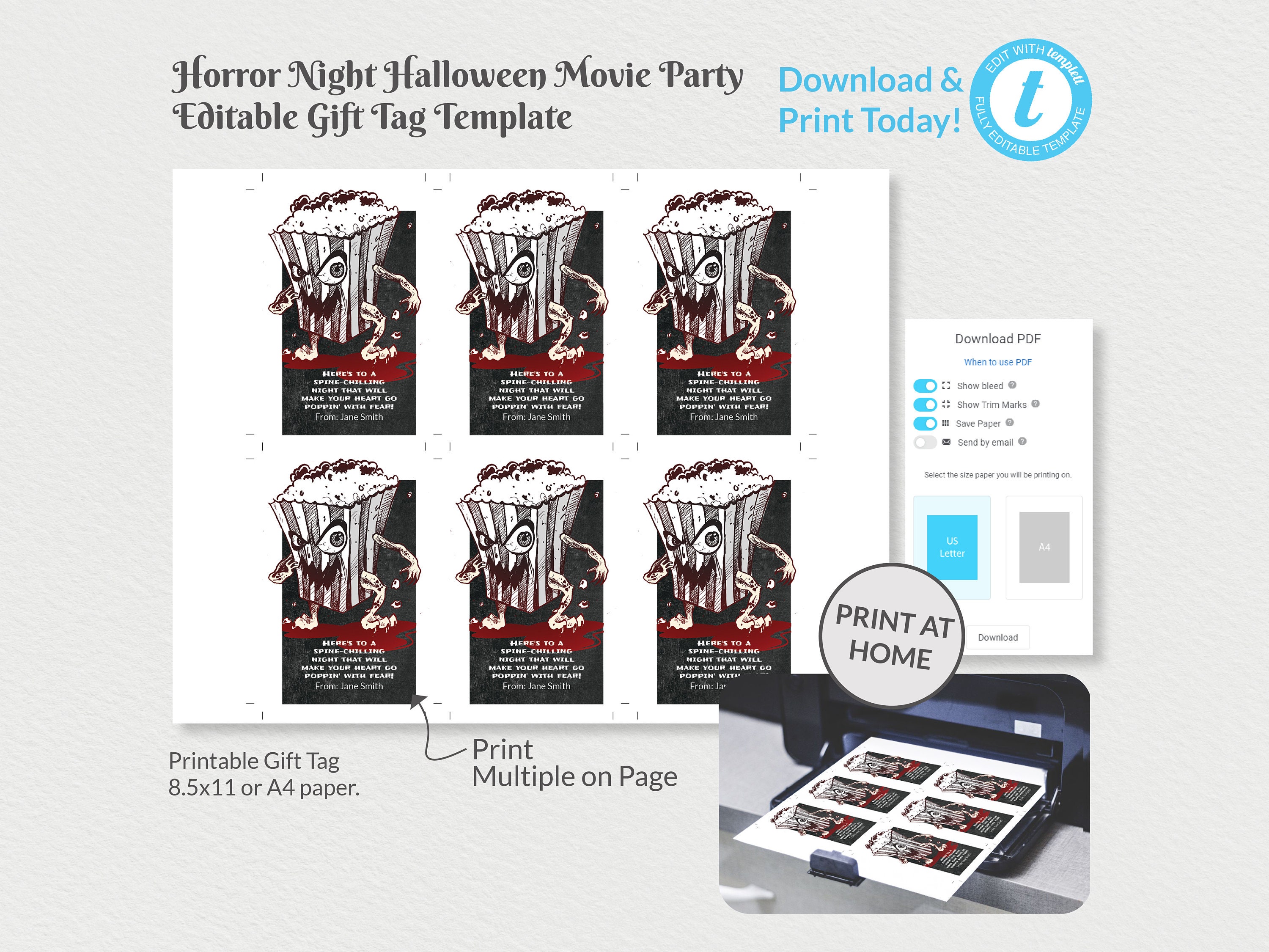 Halloween Horror Movie Night Gift Tag Template, Popcorn Digital ...