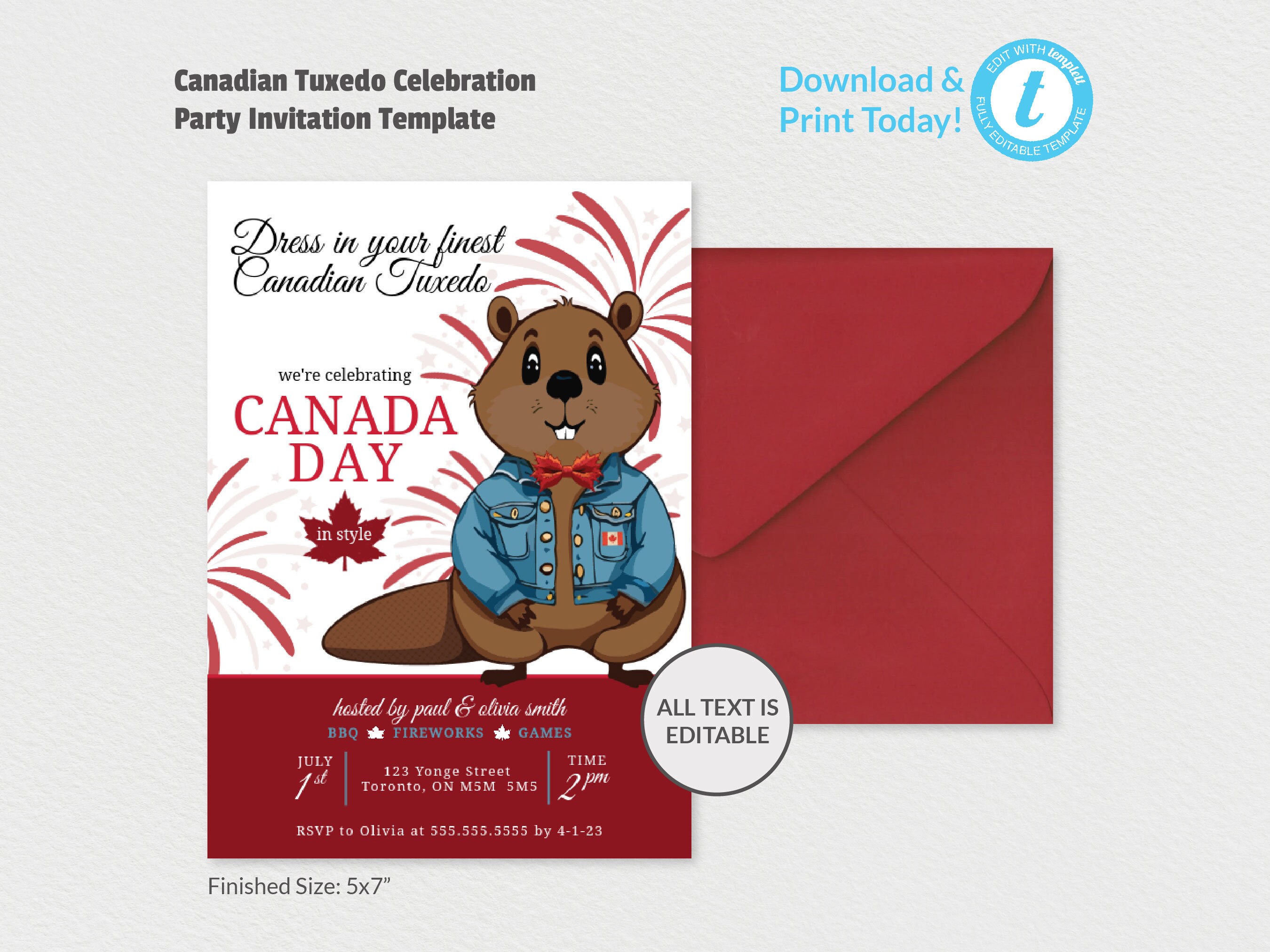 Editable Canada Day Invitation Template, Canadian Tuxedo, Printable ...
