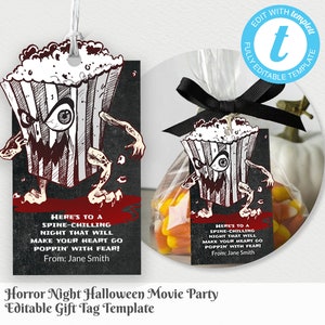 Halloween Horror Movie Night Gift Tag Template, Popcorn Digital ...