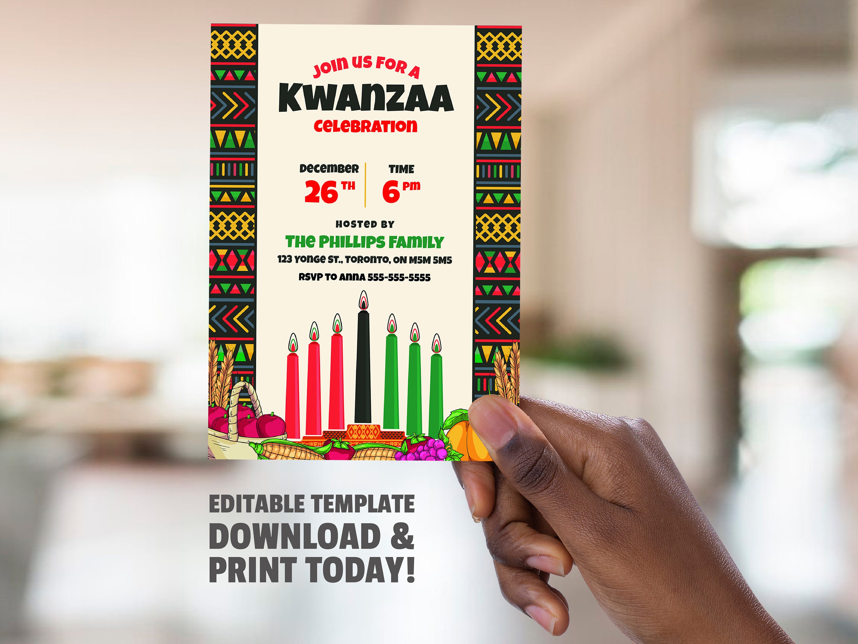 Kwanzaa Celebration Party Invitation Template, Kinara, African Pattern ...