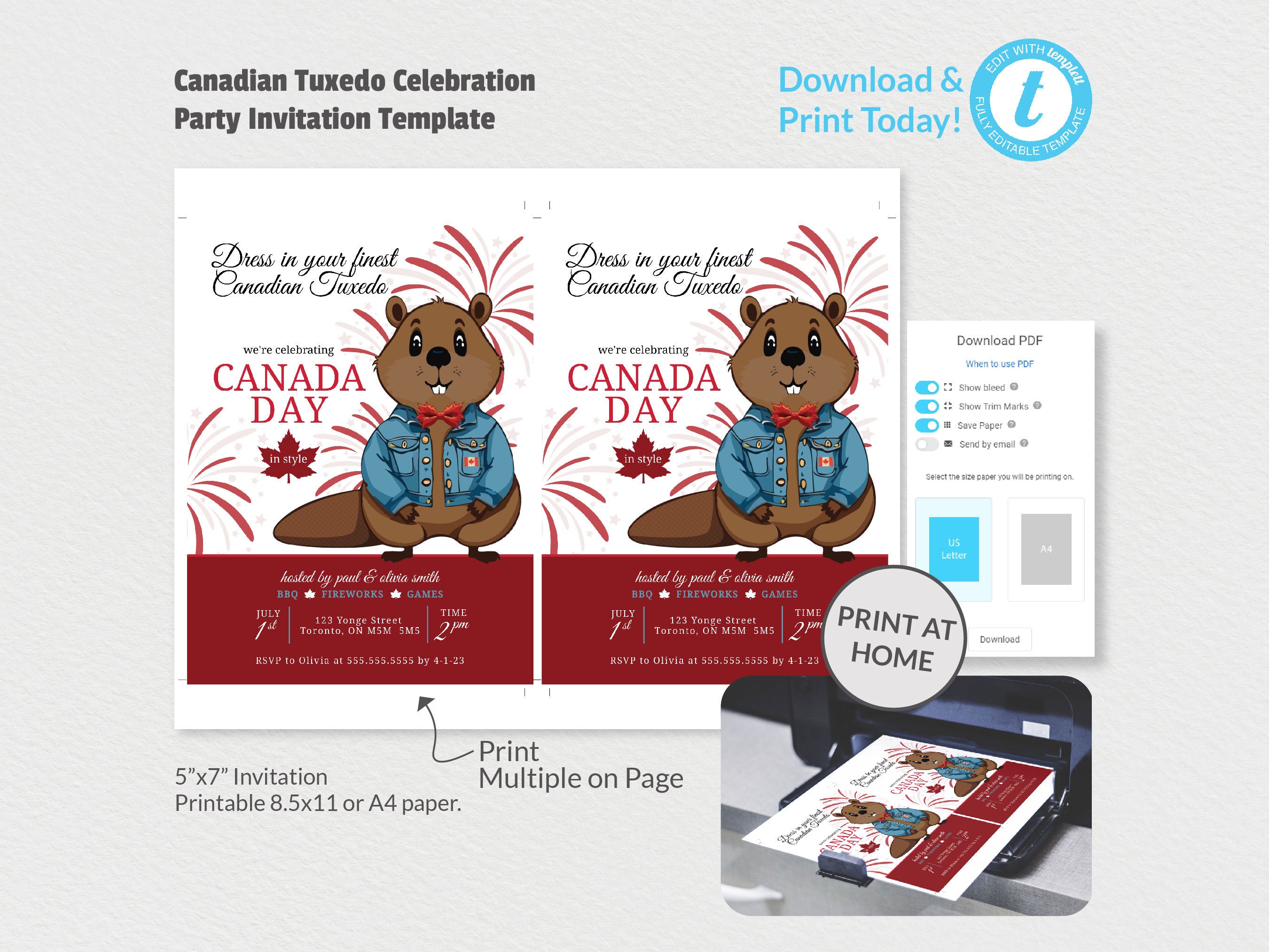 Editable Canada Day Invitation Template, Canadian Tuxedo, Printable ...