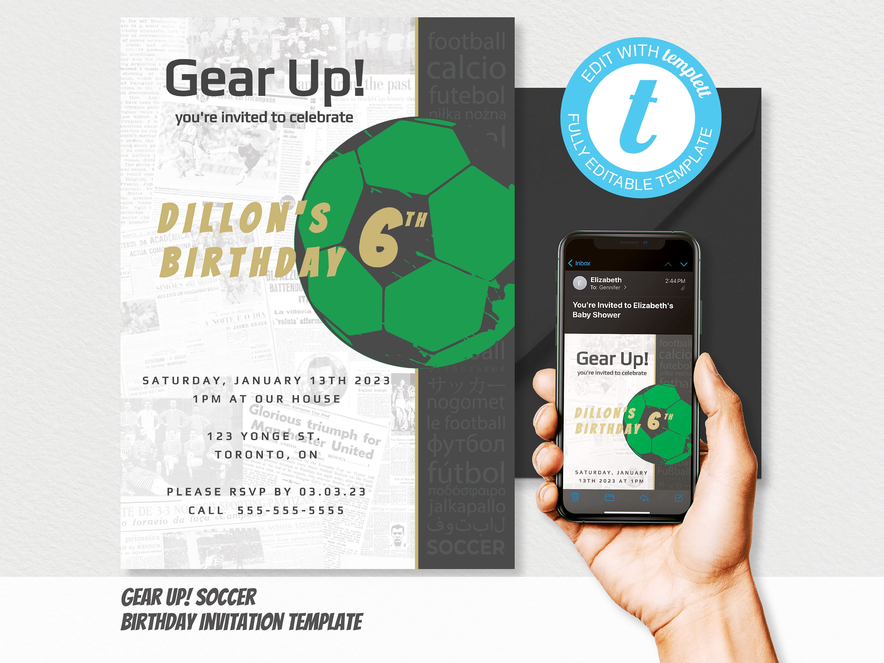 Editable Soccer Birthday Invitation Card Template, Football Invite Card ...