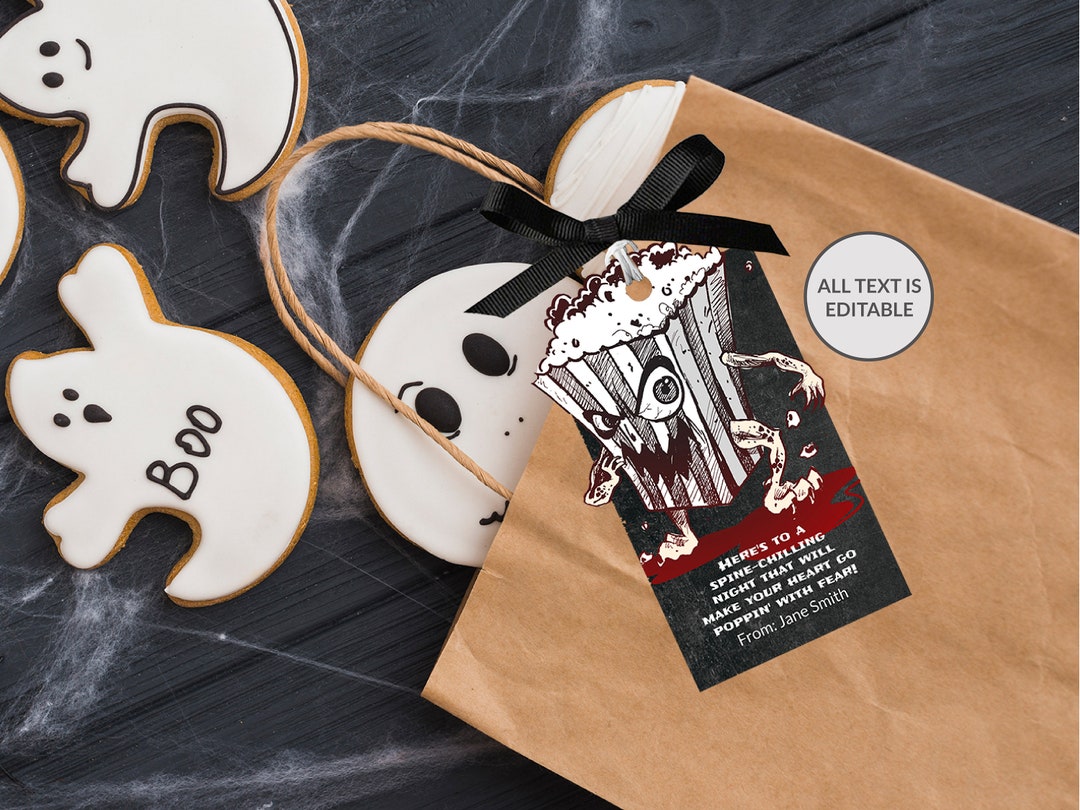 Halloween Horror Movie Night Gift Tag Template, Popcorn Digital ...