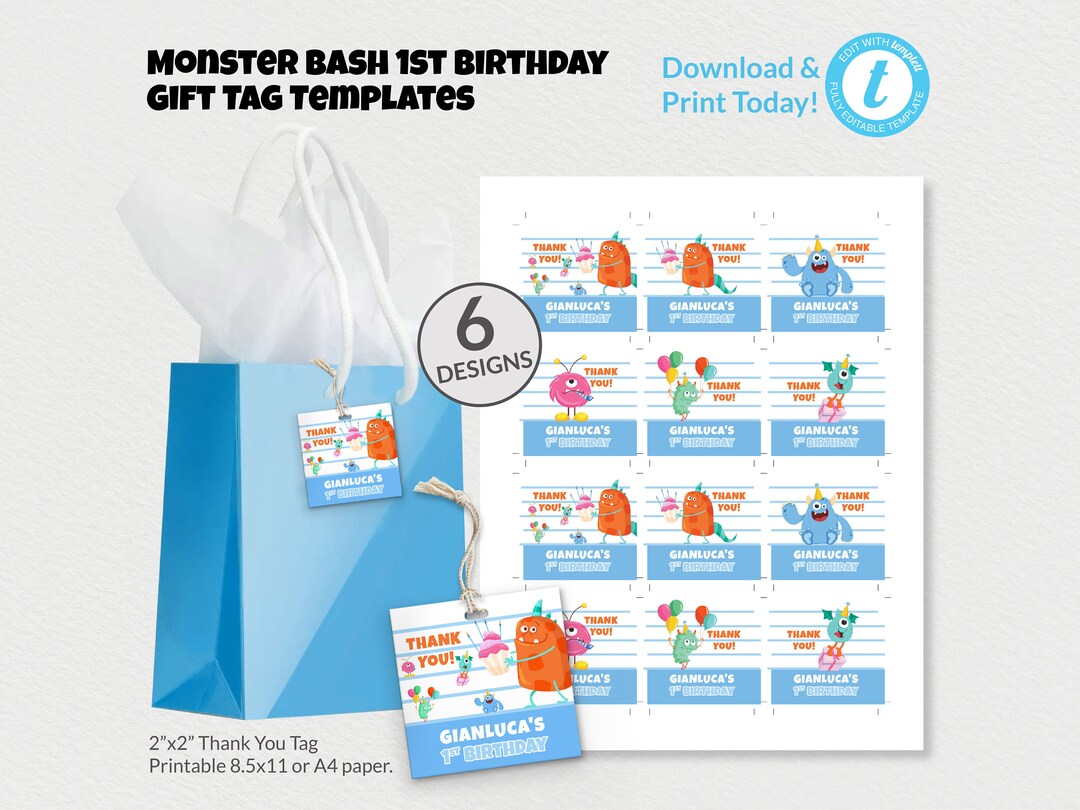1st Birthday Gift Favor Tag Template, Baby Boy's Monster Themed Party ...