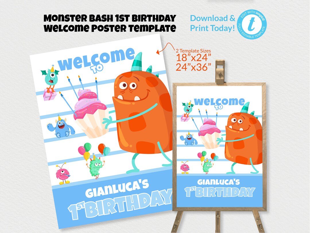 First Birthday Little Monster Welcome Poster, 1st Birthday Welcome Sign ...