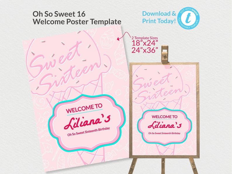 Welcome Poster, Birthday Party Sweet Sixteen Welcome Sign, Editable ...