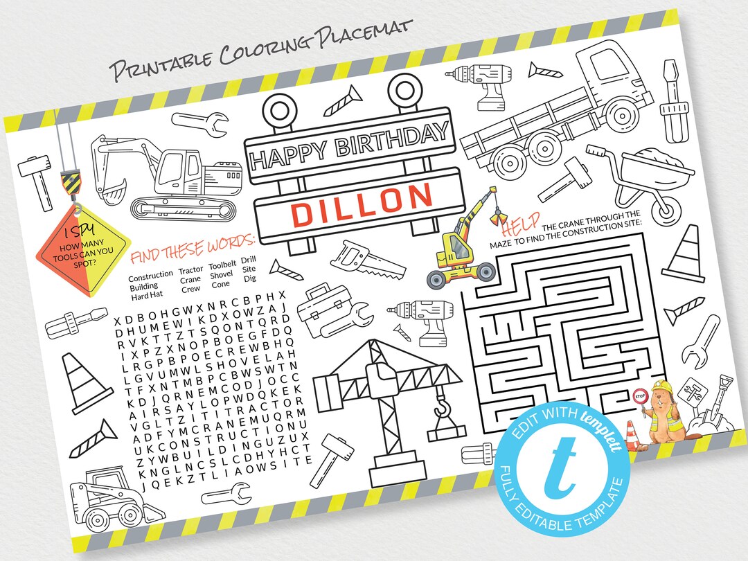 Construction Theme Birthday Coloring Placemat for Kids, Personalized ...