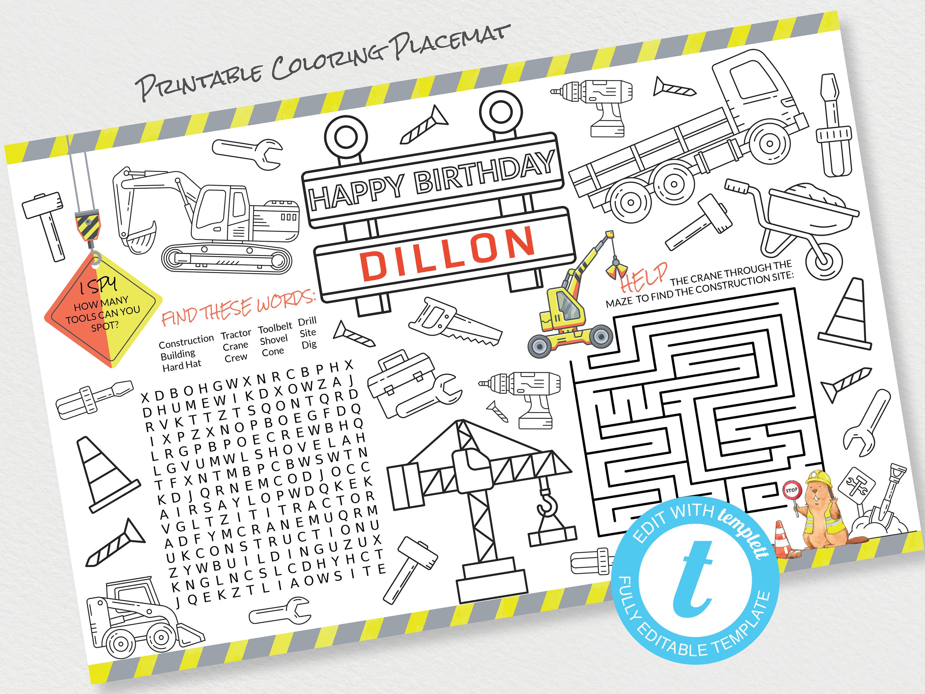 Construction Theme Birthday Coloring Placemat for Kids, Personalized ...